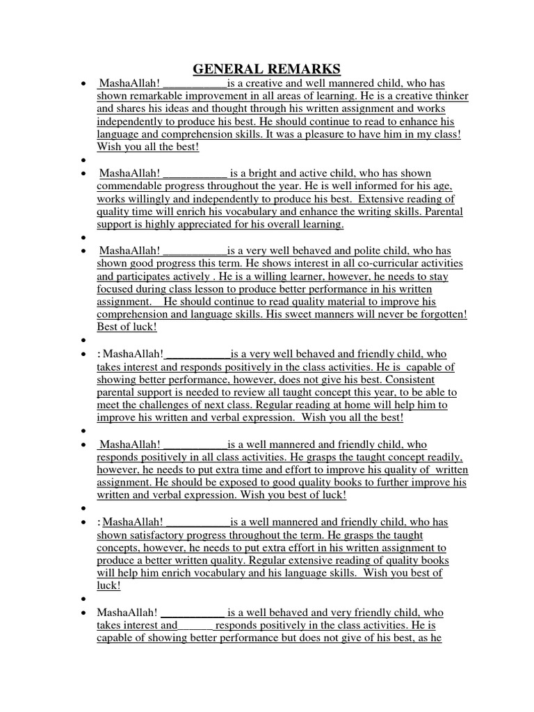 Comments For Final Report Cards | PDF | Learning | Reading Comprehension