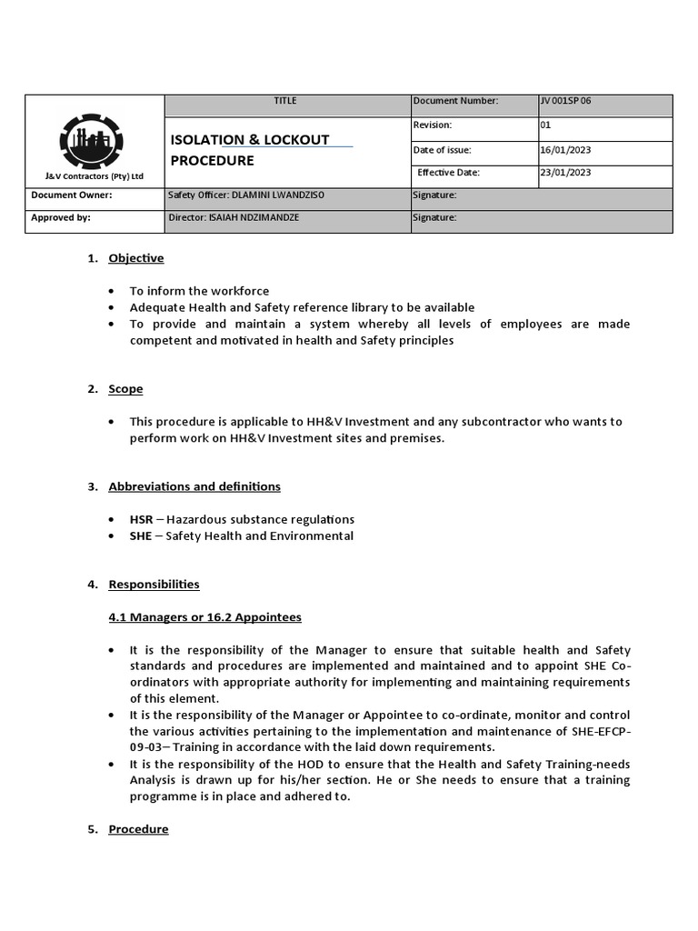 Lock Out Tag Out Procedure | PDF