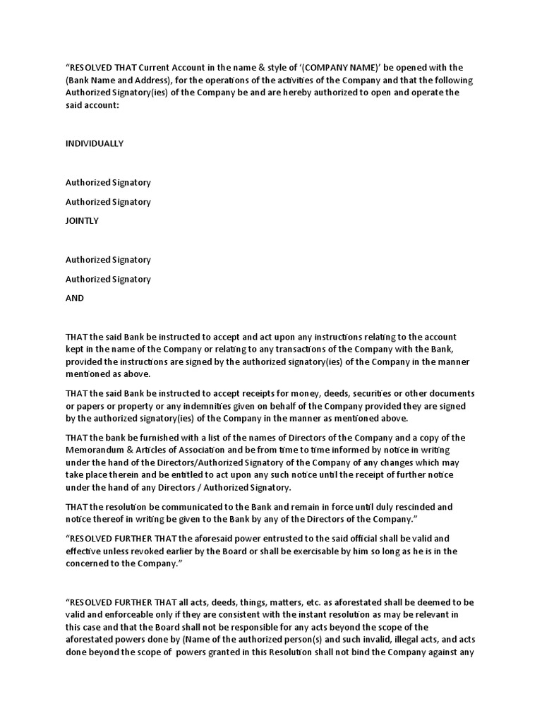 Bank Account Opening Resolution | PDF | Government | Civil Law (Common Law)