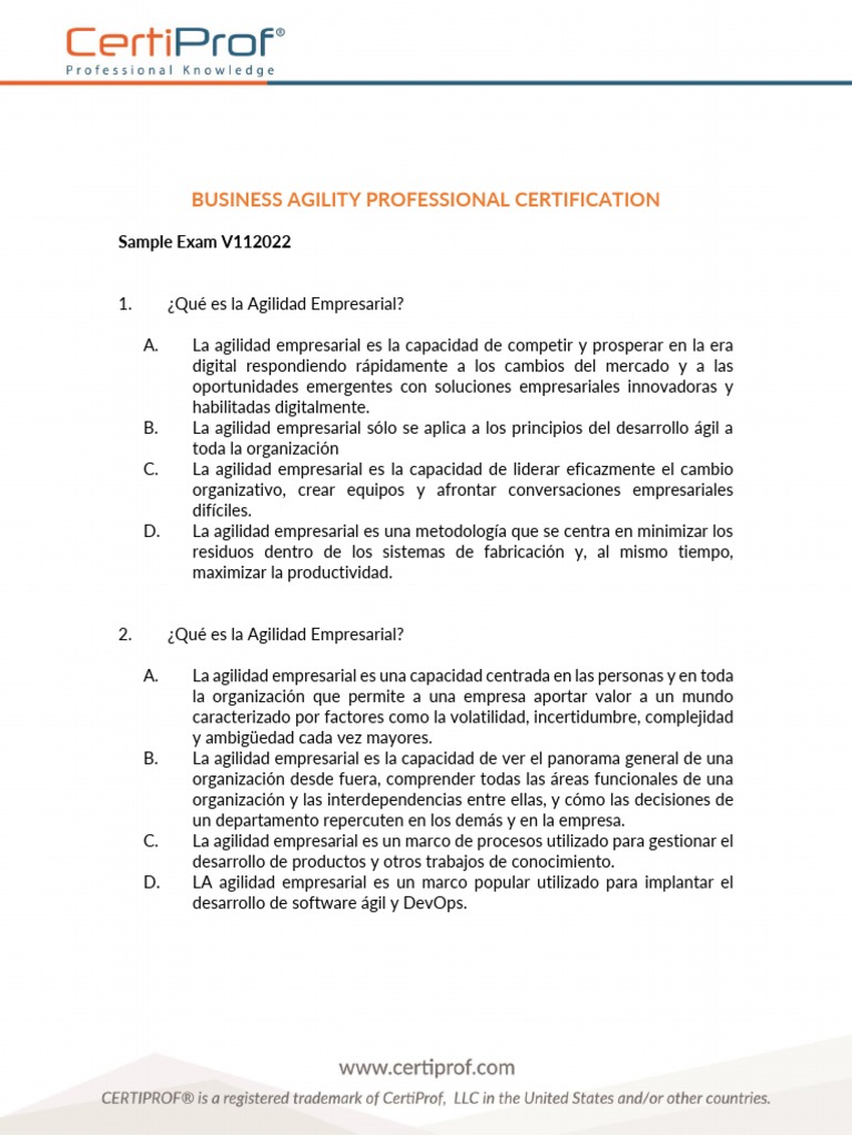 Business Agility Sample Exam V112022 SP | PDF | Business | Cliente