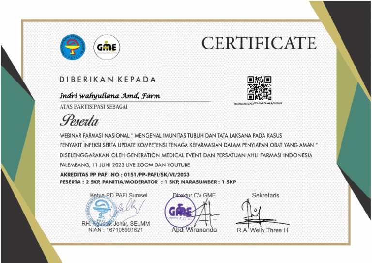 Indri Wahyuliana Amd, Farm: CV - GME/S.WEB/VI/2023 No - Reg.A0.32703 | PDF