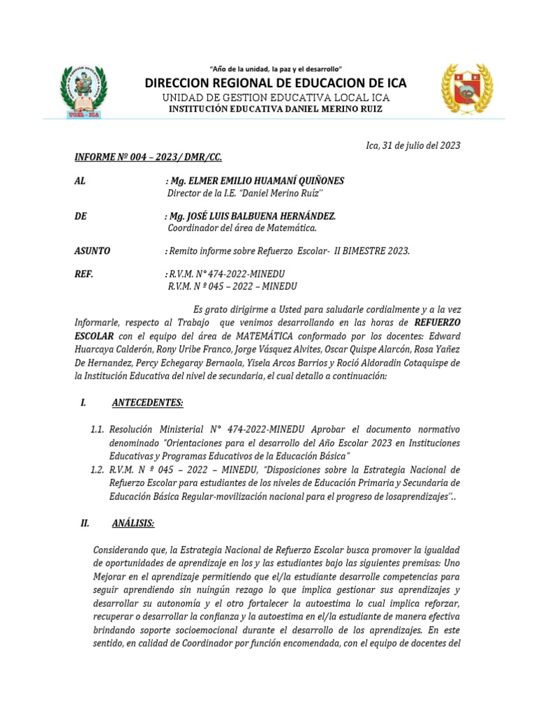 Formato Informe Refuerzo Escolar 2023 | PDF | Evaluación | Enseñando