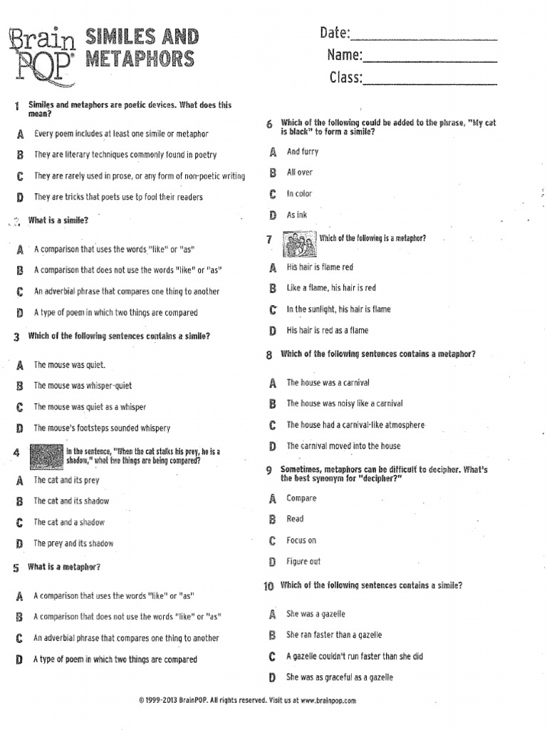 Simile and Metaphor Quiz | PDF