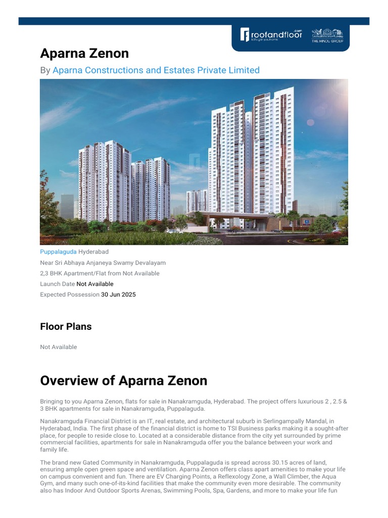 Aparna Zenon: Aparna Constructions and Estates Private Limited | PDF