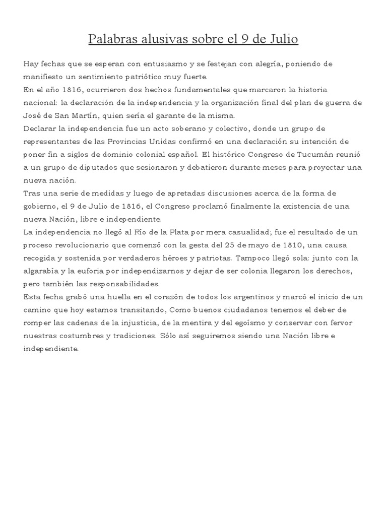 Palabras Alusivas Sobre El 9 De Julio Pdf