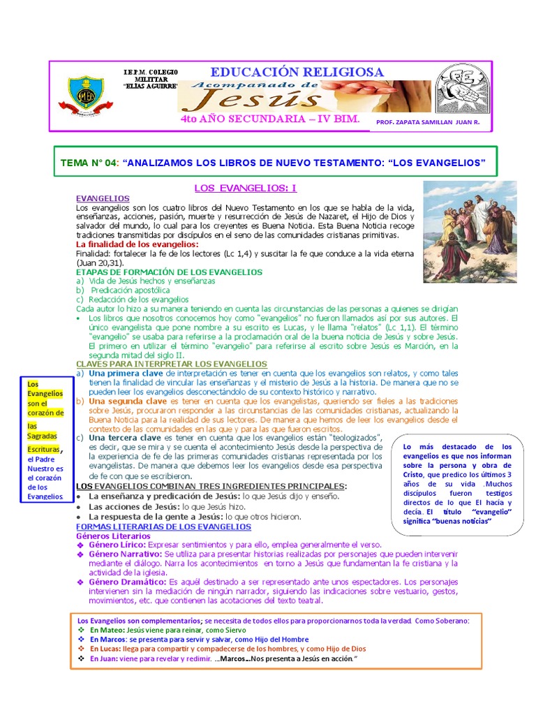 4to AÑO TEMA 04 LOS LIBROS DEL NUEVO TESTAMENTO LOS EVANGELIOS y A de A ...