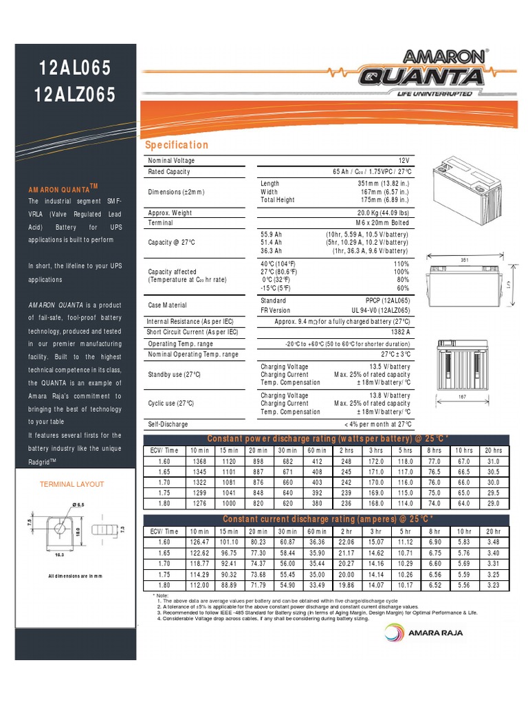 Quanta 12V-65Ah Data Sheet | PDF