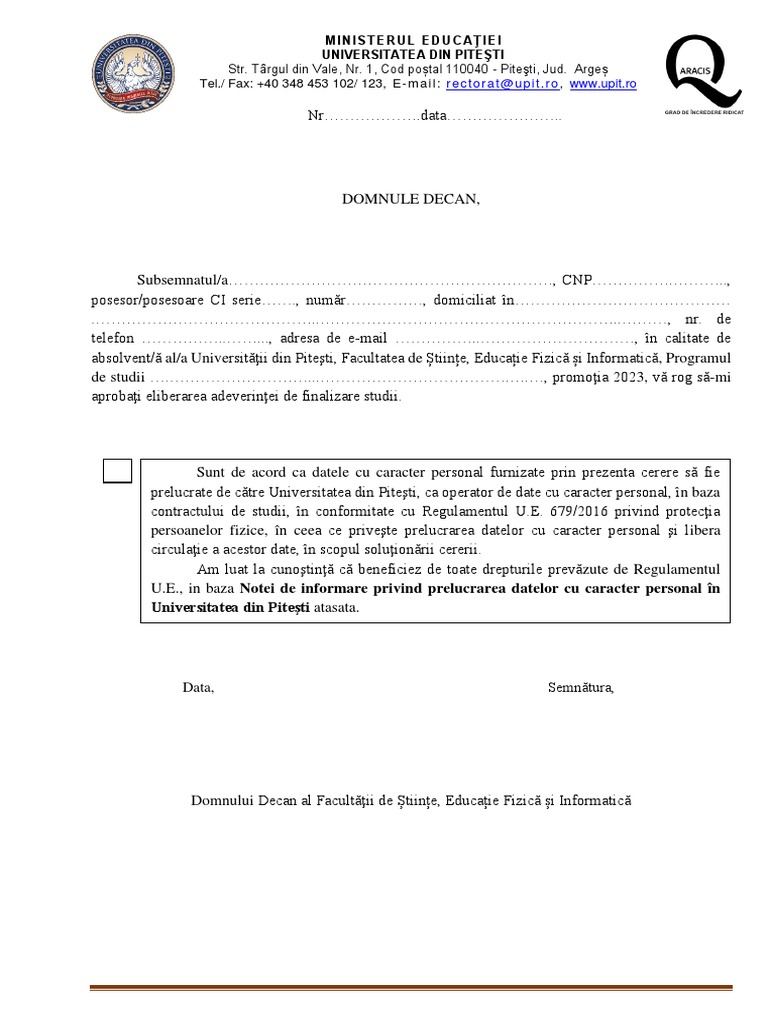 Cerere eliberare adeverinta finalizare studii 2023 cu antet pt 2023 (1 ...