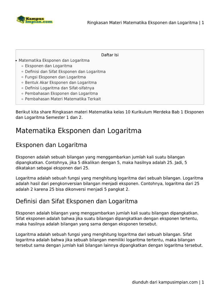 Ringkasan Materi Matematika Eksponen Dan Logaritma | PDF | Metode ...