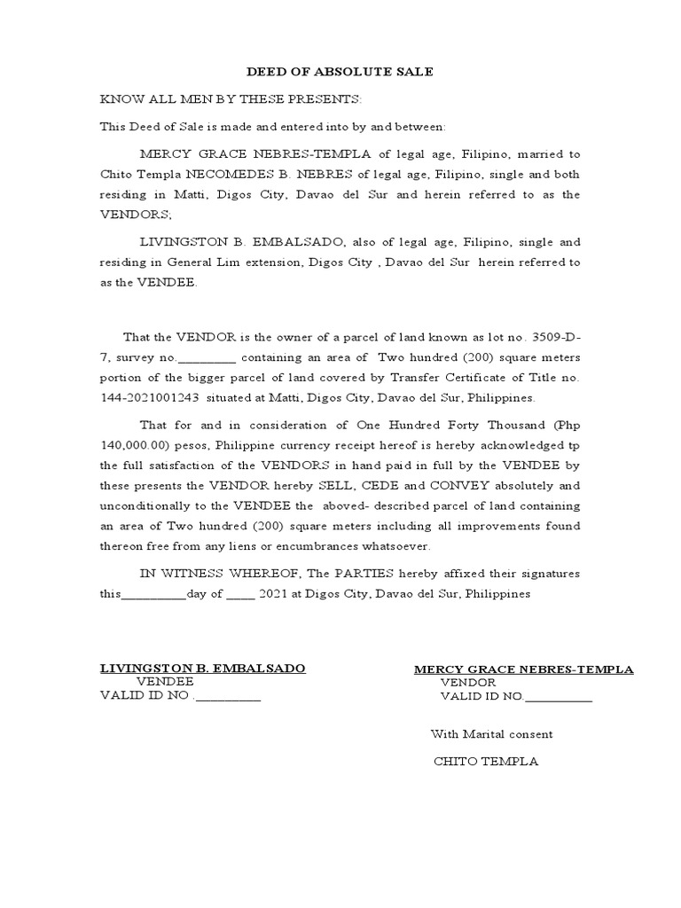 Deed of Absolute Sale Tonton | PDF | Land Law | Environmental Law