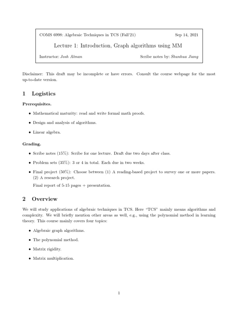 COMS 6998 Lec 1 | PDF | Matrix (Mathematics) | Graph Theory