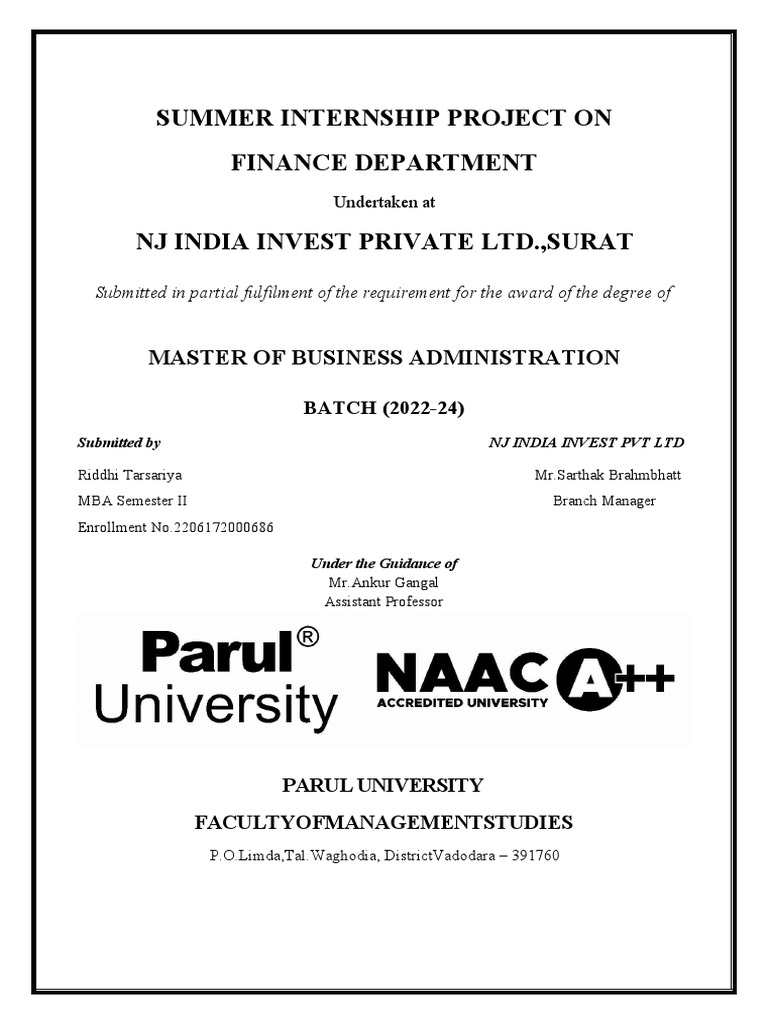 Summer Internship Report On NJ Flap MBA Finance Student | PDF ...