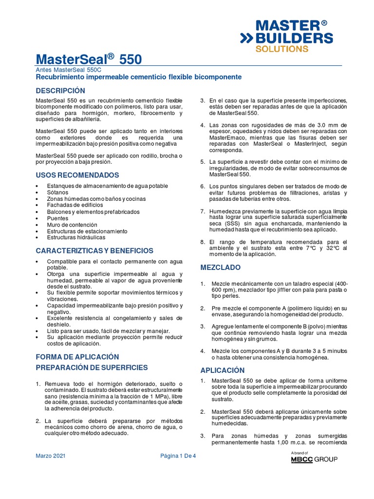 Masterseal 550 | PDF | Agua | Hormigón