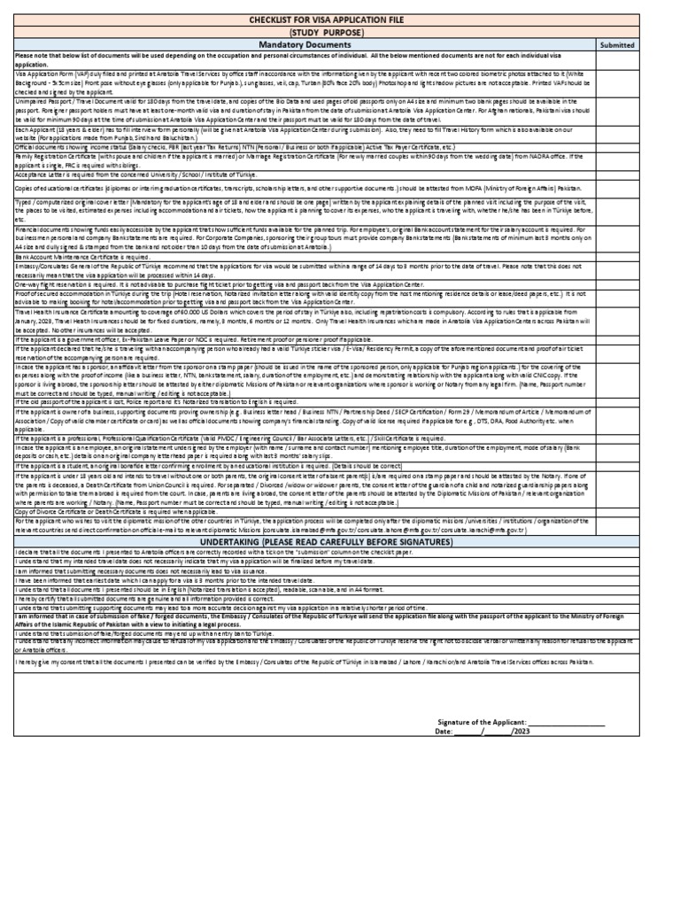Türkiye Visa Application Document Checklist | PDF