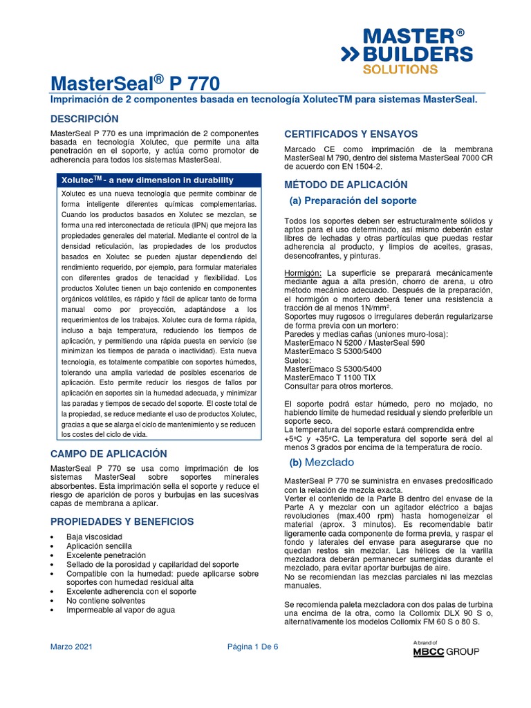 MasterSeal P-770 | PDF | Hormigón | Agua
