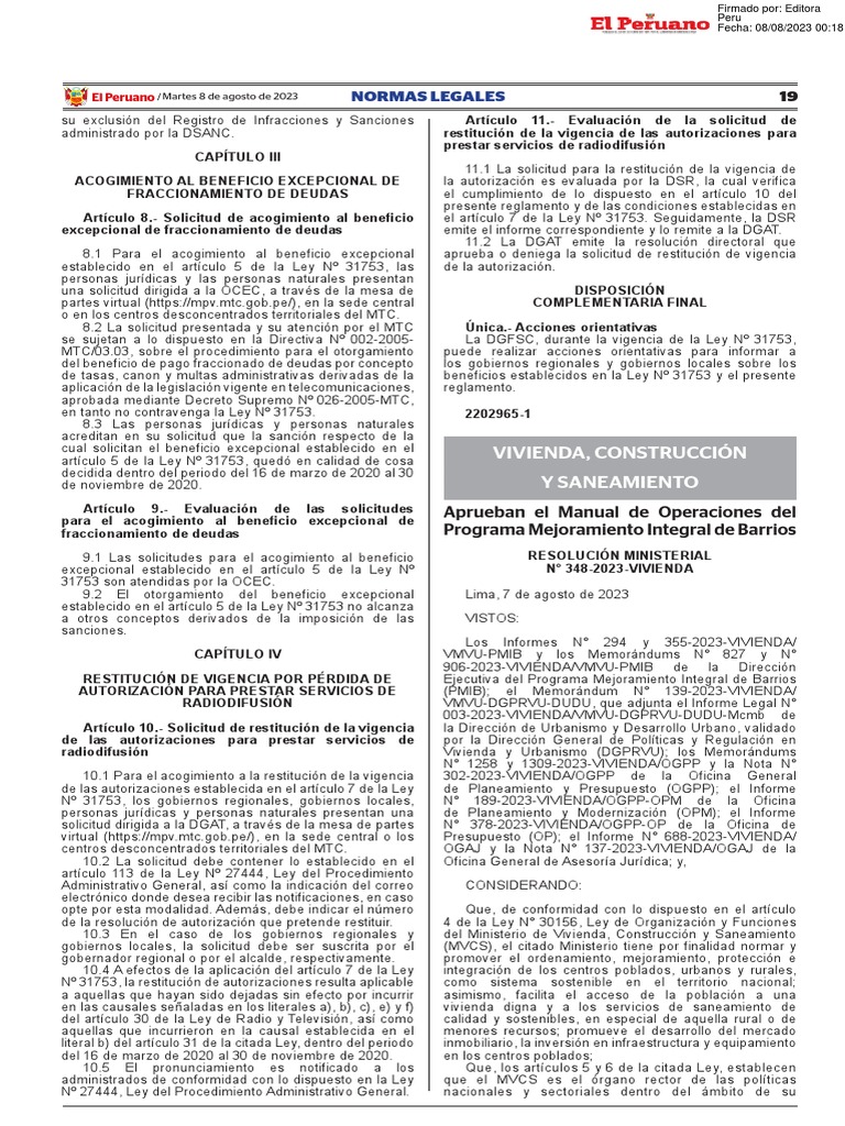 Aprueban El Manual de Operaciones Del Programa Mejoramiento Resolucion ...