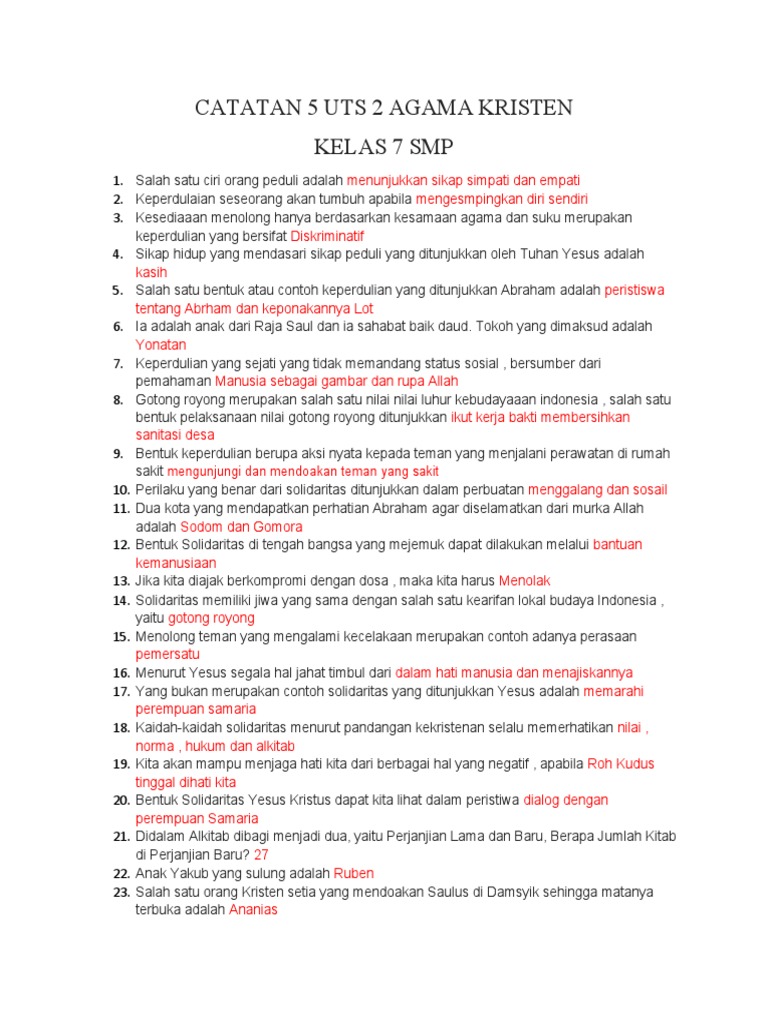 Catatan 5 Uts Kelas 7 Agama Kristen | PDF