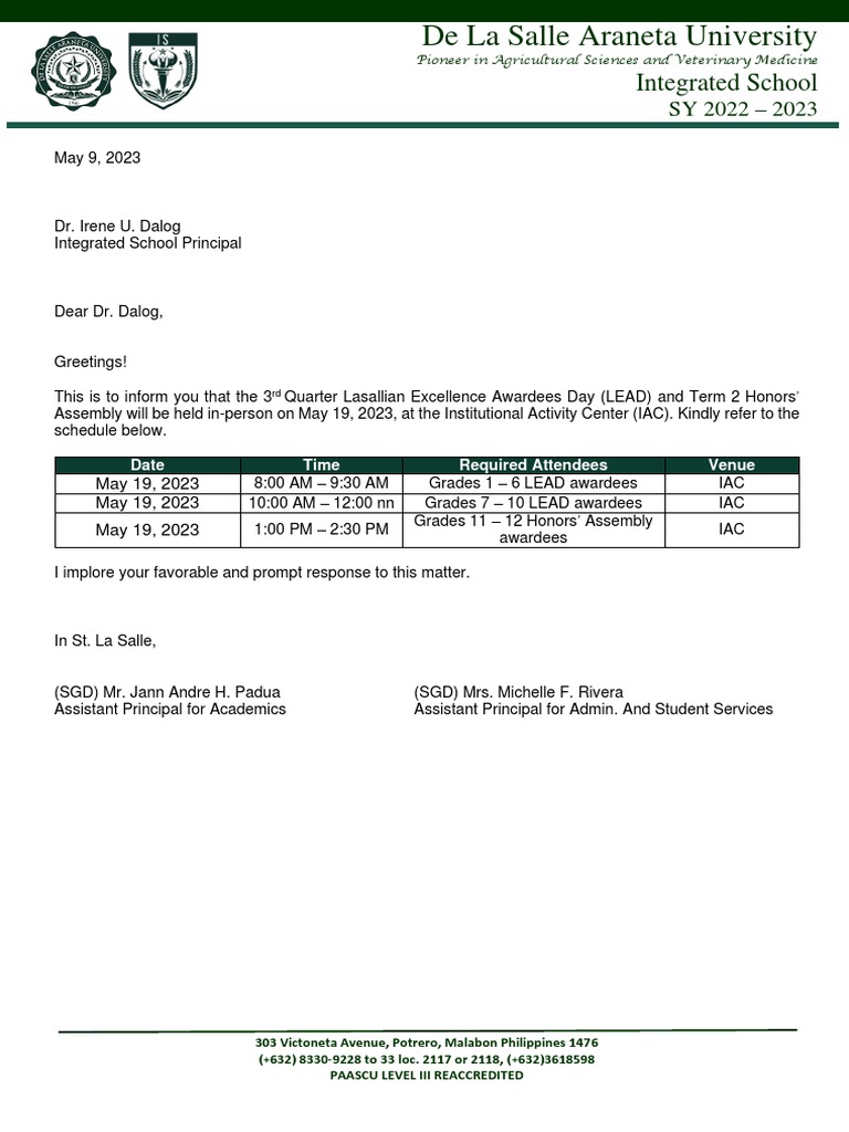 Sy 2022-2022 - Dlsau-Is - 3RD QTR - Lead & Honors Assembly | PDF ...