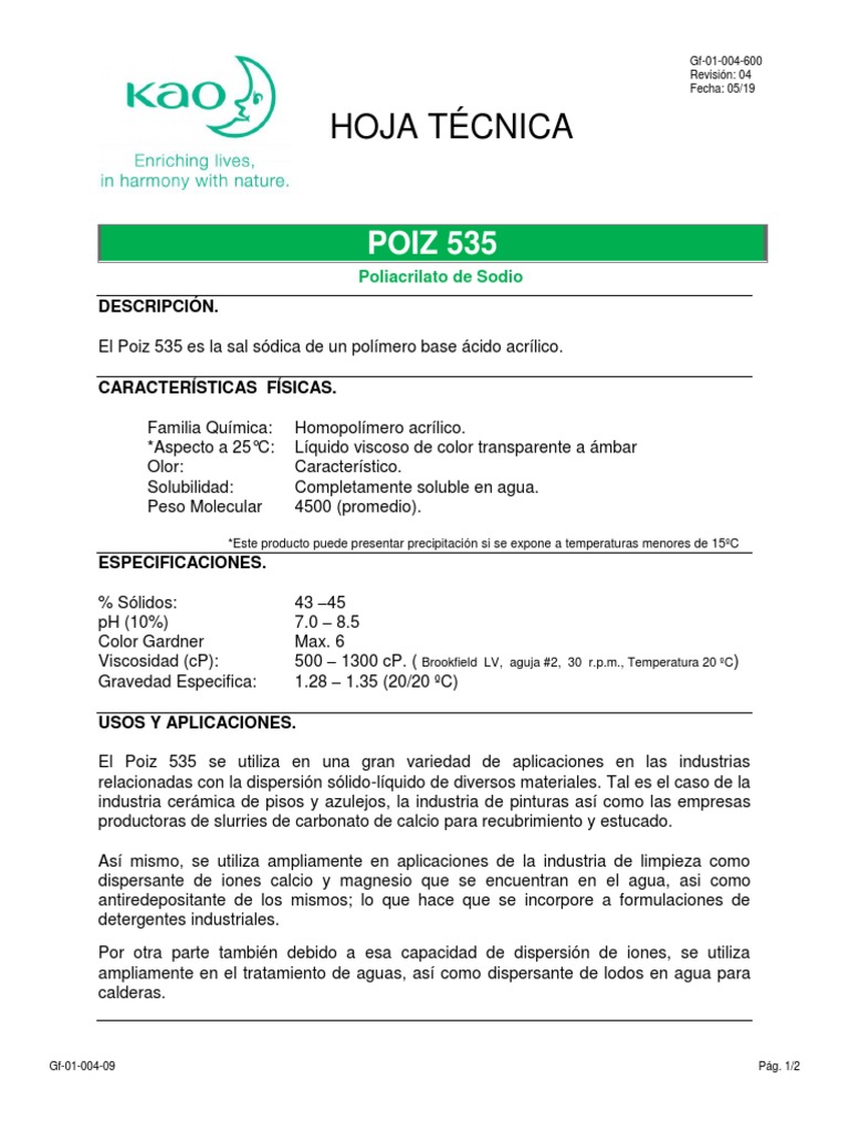 Poiz 535: Poliacrilato Antiredepositante | PDF | Agua | Pintura acrilica