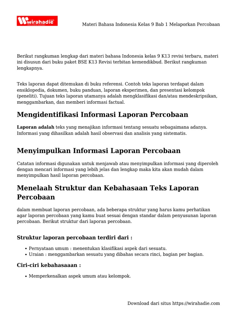 Materi Bahasa Indonesia Kelas 9 Bab 1 Melaporkan Percobaan | PDF
