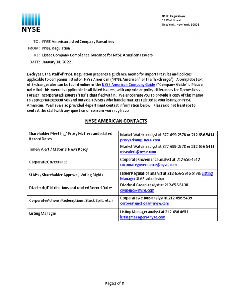 NYSE American Compliance Guidance 2022 | PDF | Form 10 K | Securities ...