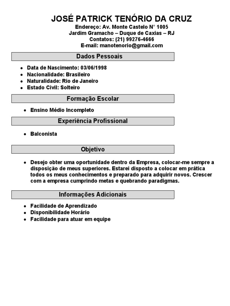 Currículo de José Patrick Tenório | PDF | Negócios | Bem-estar