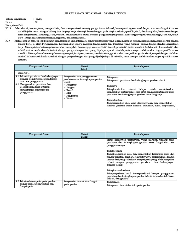 Silabus Gambar Teknik SMK Kelas X | PDF