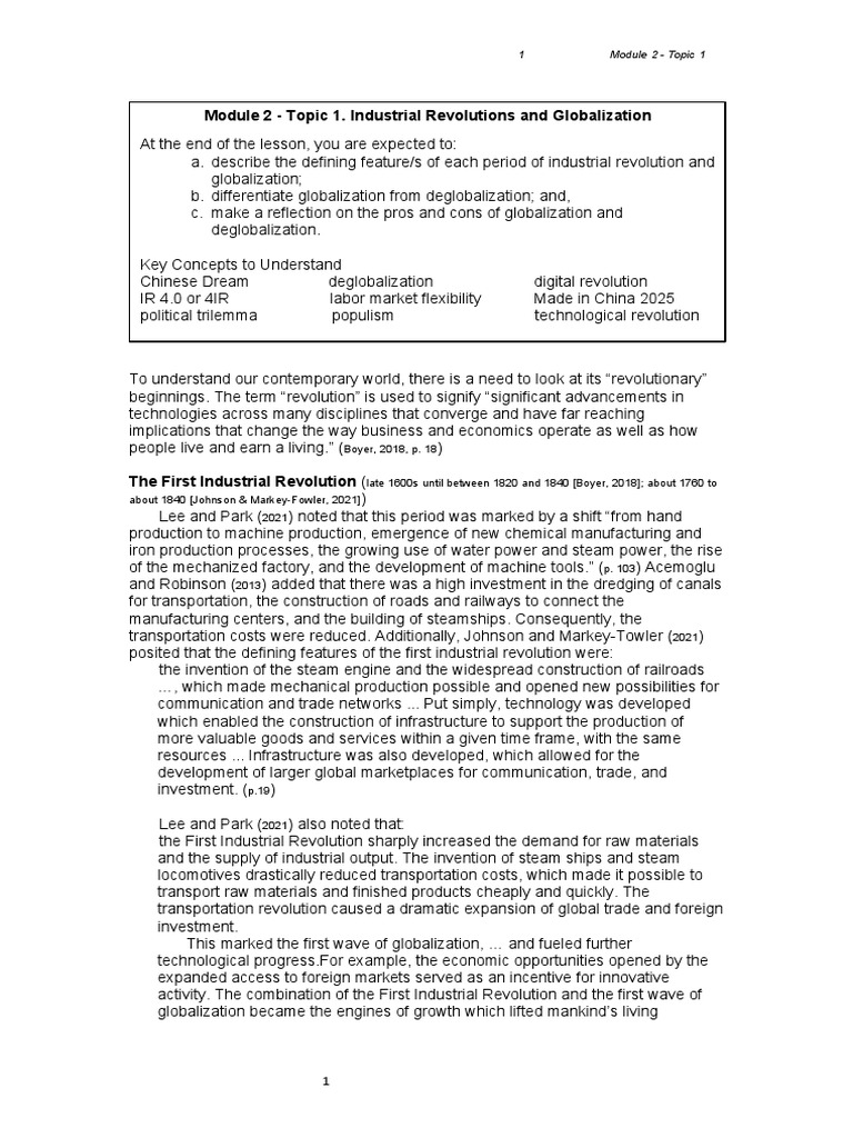 Module 2 - Topic 1. Industrial Revolutions and Globalization | PDF