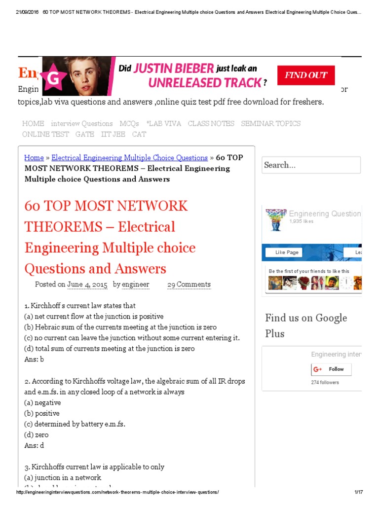 60 Network Theorems MCQs for Engineers | PDF | Electrical Network | Electrical Resistance And ...