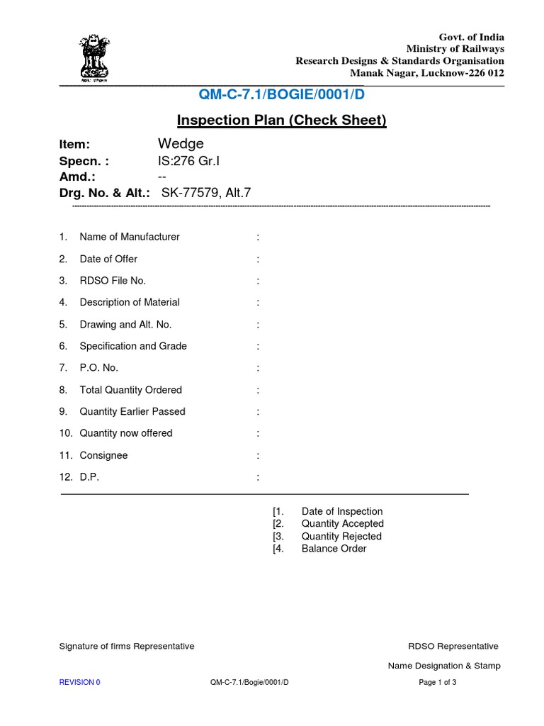 Bogie Wedge Inspection Plan | PDF