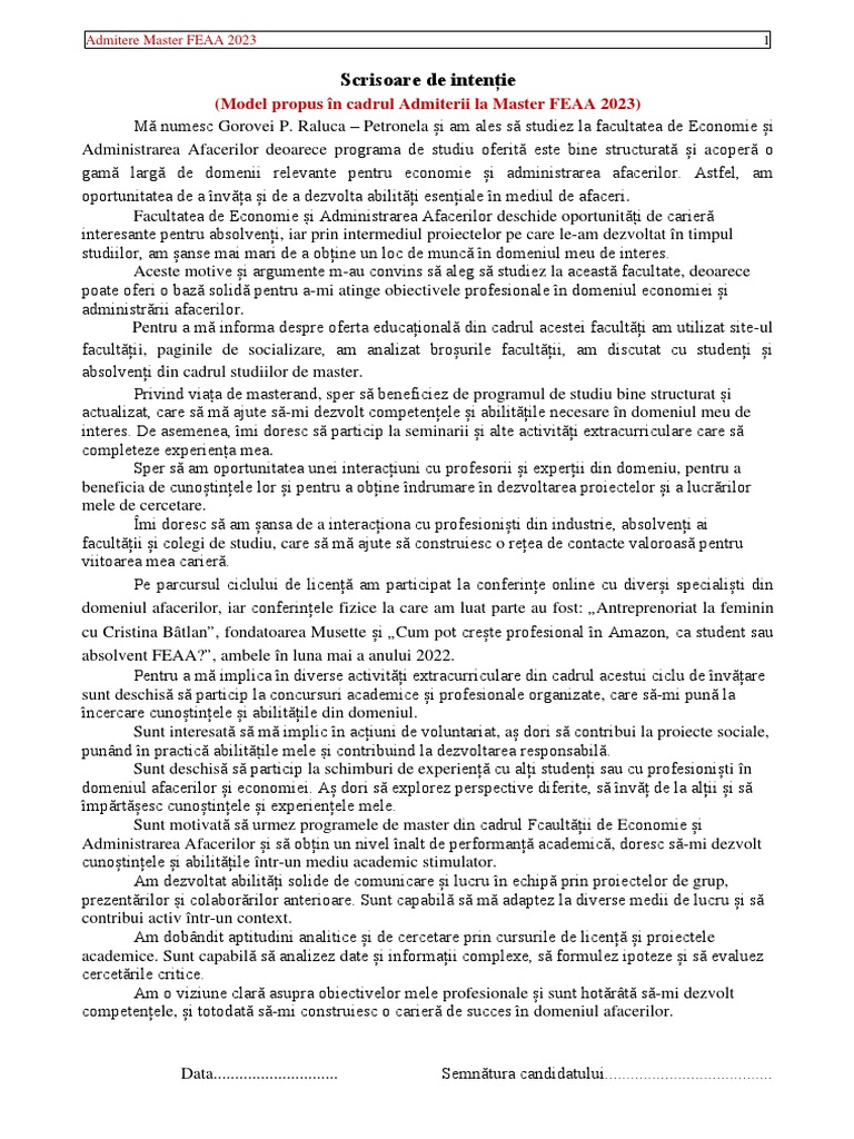 Scrisoare de Intentie Admitere Master FEAA 2023 | PDF