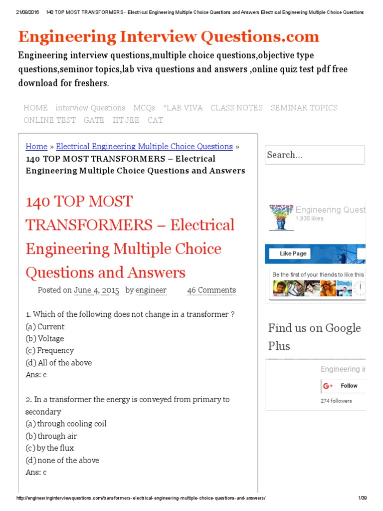140 Top Most Transformers Electrical Engineering Multiple Choice Questions And Answers