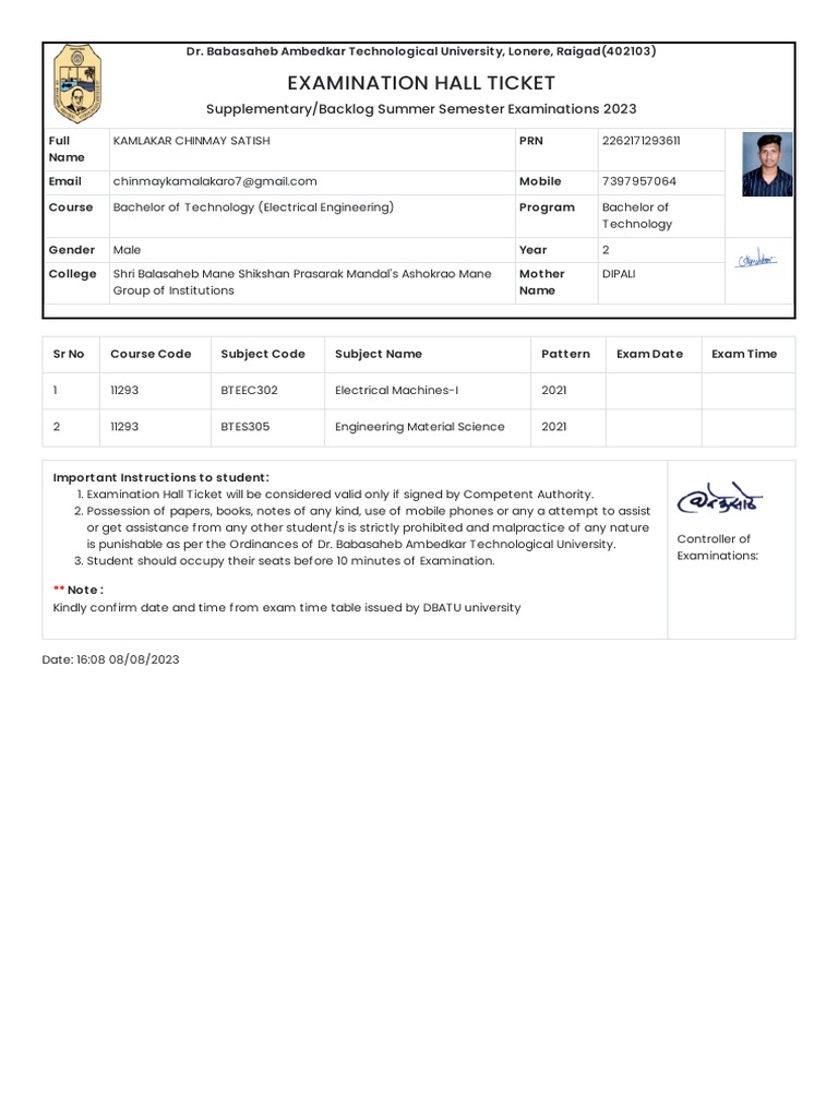 DBATU Summer Exam Hall Ticket 2023 | PDF