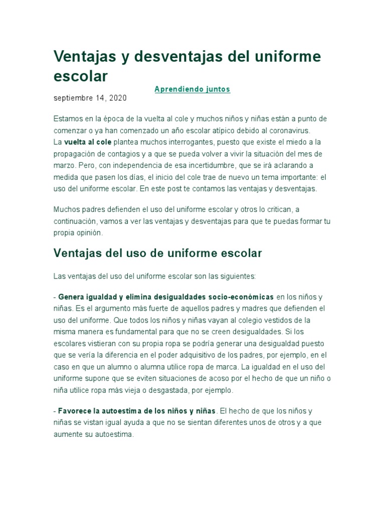Ventajas y desventajas del uniforme escolar | PDF | Ropa | Desigualdad ...