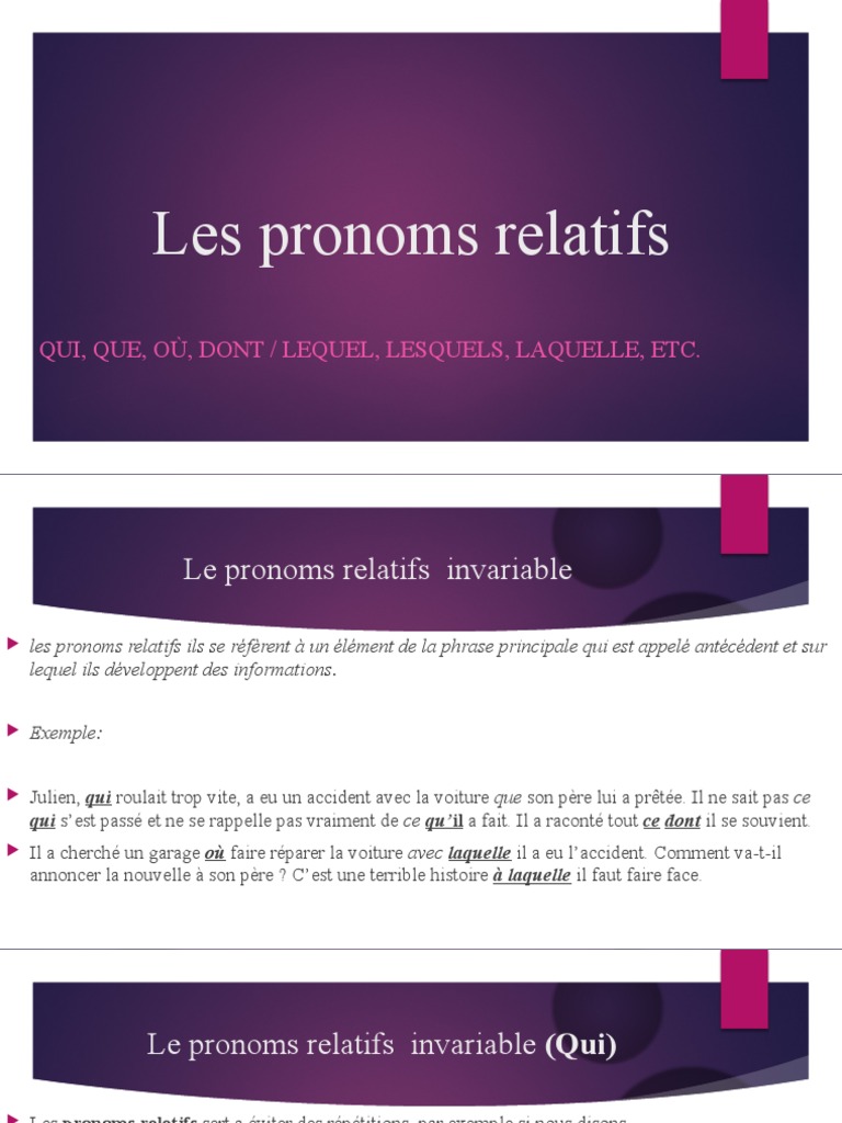 3ième Pronoms Relatifs Qui, Que, Dont, Où, Lequel, Etc. A2 | PDF