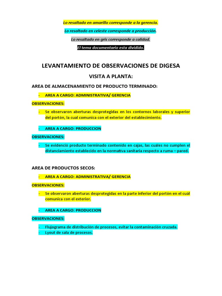 Observaciones de DIGESA en Planta | PDF | Materiales