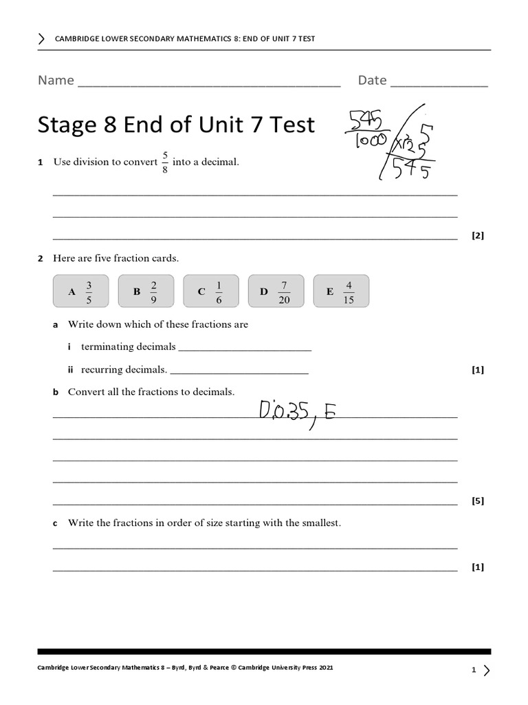 Stage 8 End of Unit 7 Test | Download Free PDF | Speed | Arithmetic