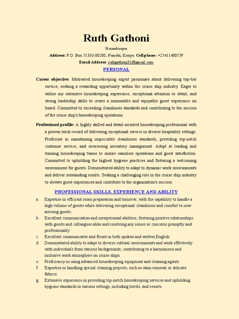 Ruth Gathoni CV | PDF | Housekeeping | Hygiene