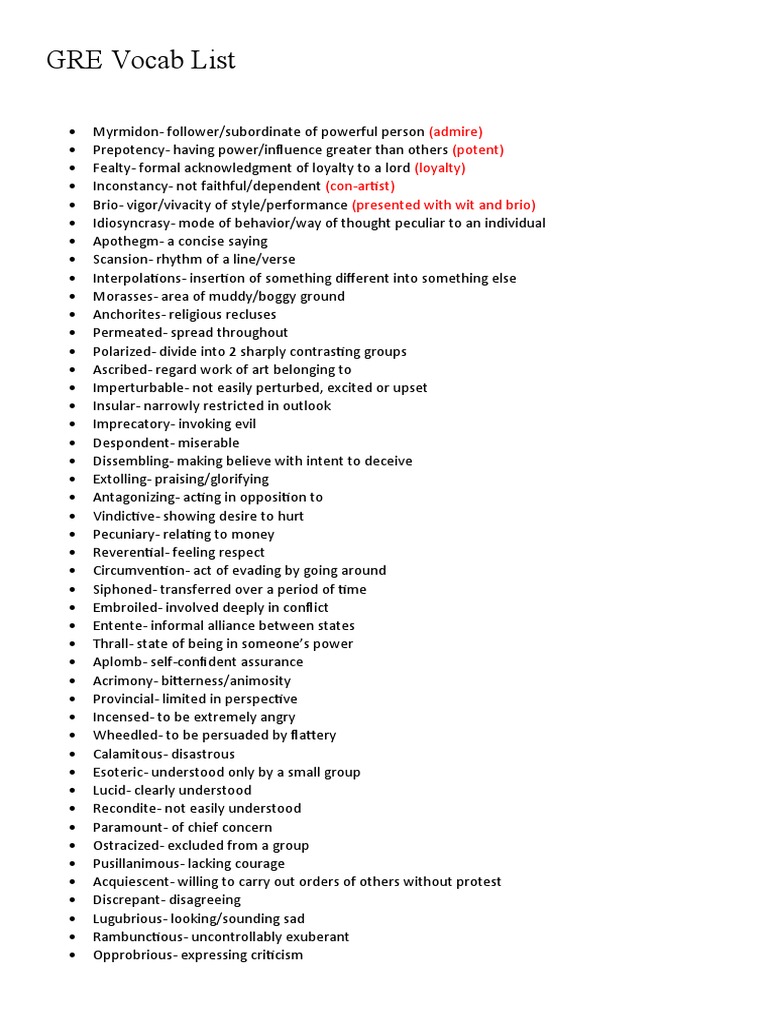 GRE Vocabulary Master List | PDF