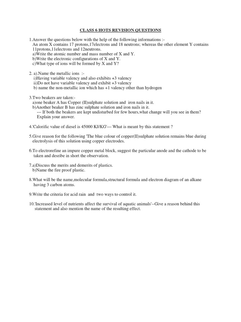 Class 6 HOTS Science Revision Questions | PDF
