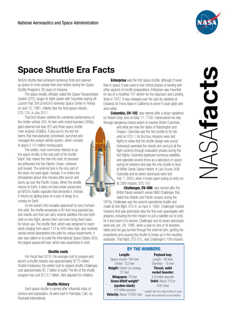 566250main - SPACE SHUTTLE ERA FACTS - 021012 | PDF | Space Shuttle ...