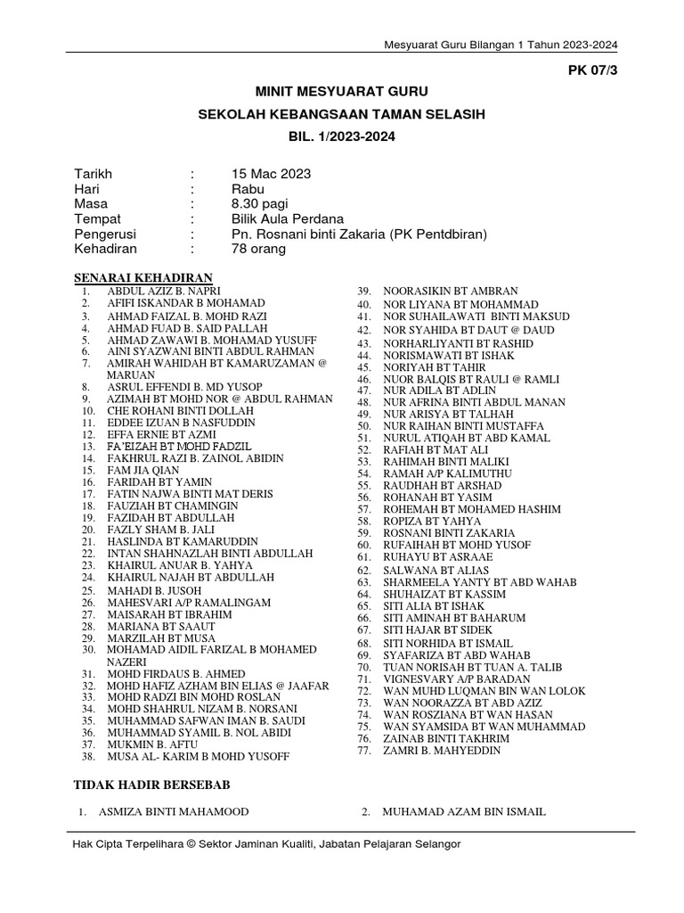 Minit Mesyuarat Guru Bil 1,2023-2024 | PDF