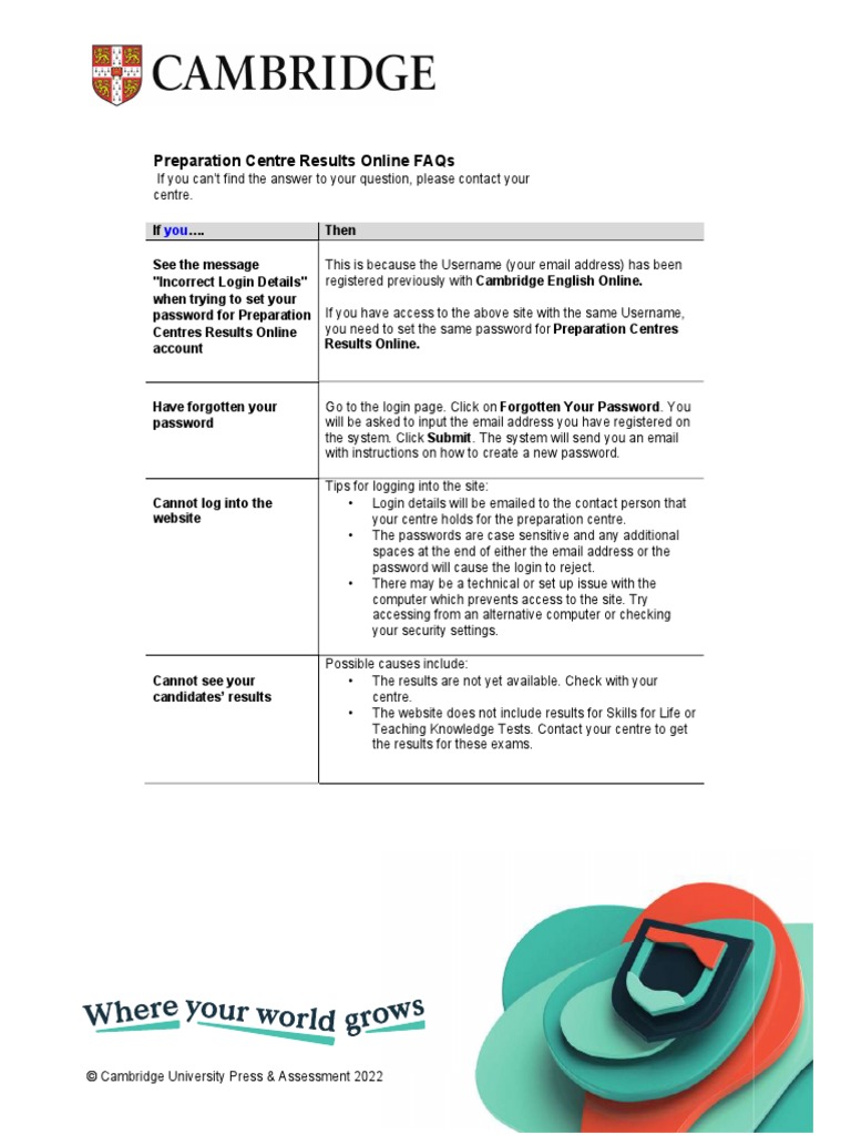 Cambridge Results Online FAQ Guide | PDF | Password | Login