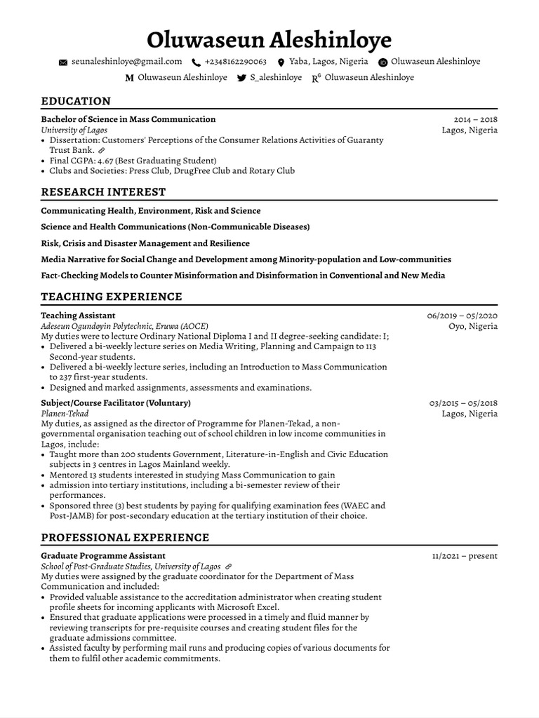 Oluwaseun Aleshinloye CV Masters | PDF | Copy Editing | Communication