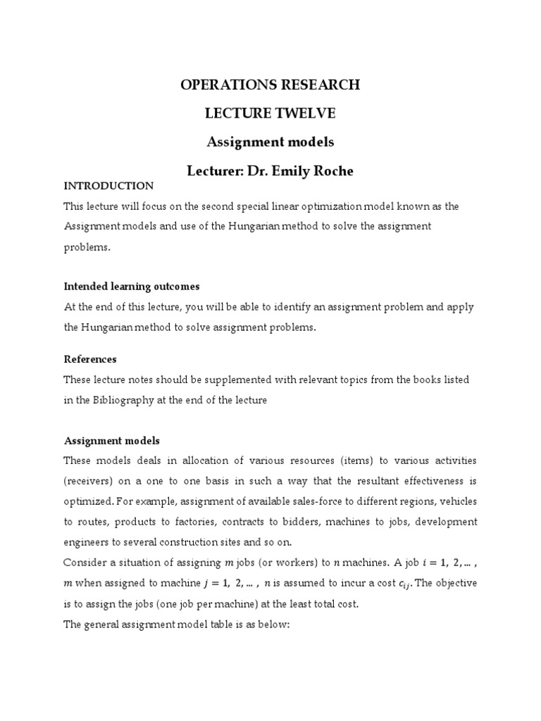 Operations Research - Lecture Twelve - Assignment Models | PDF ...