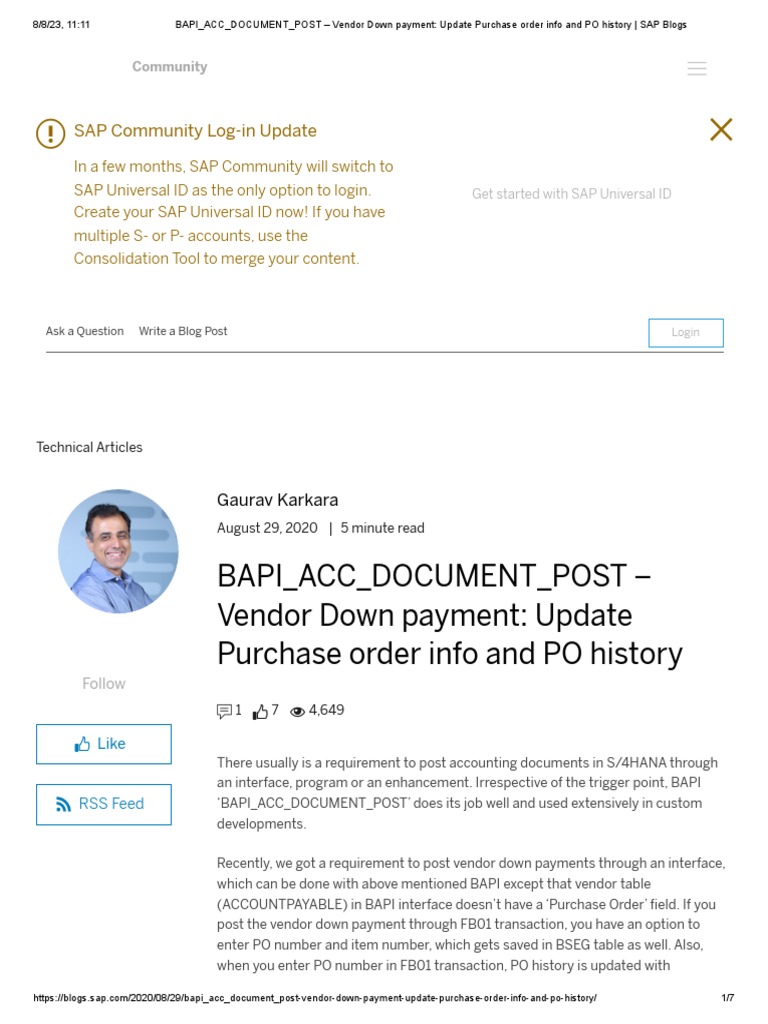 Bapi Acc Document Post Vendor Down Payment Update Purchase Order Info And Po History
