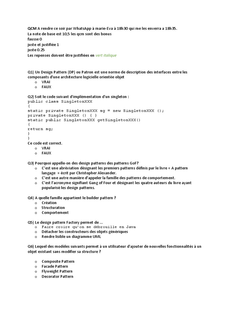 QCM sur les Design Patterns en Java | PDF | Ordinateurs