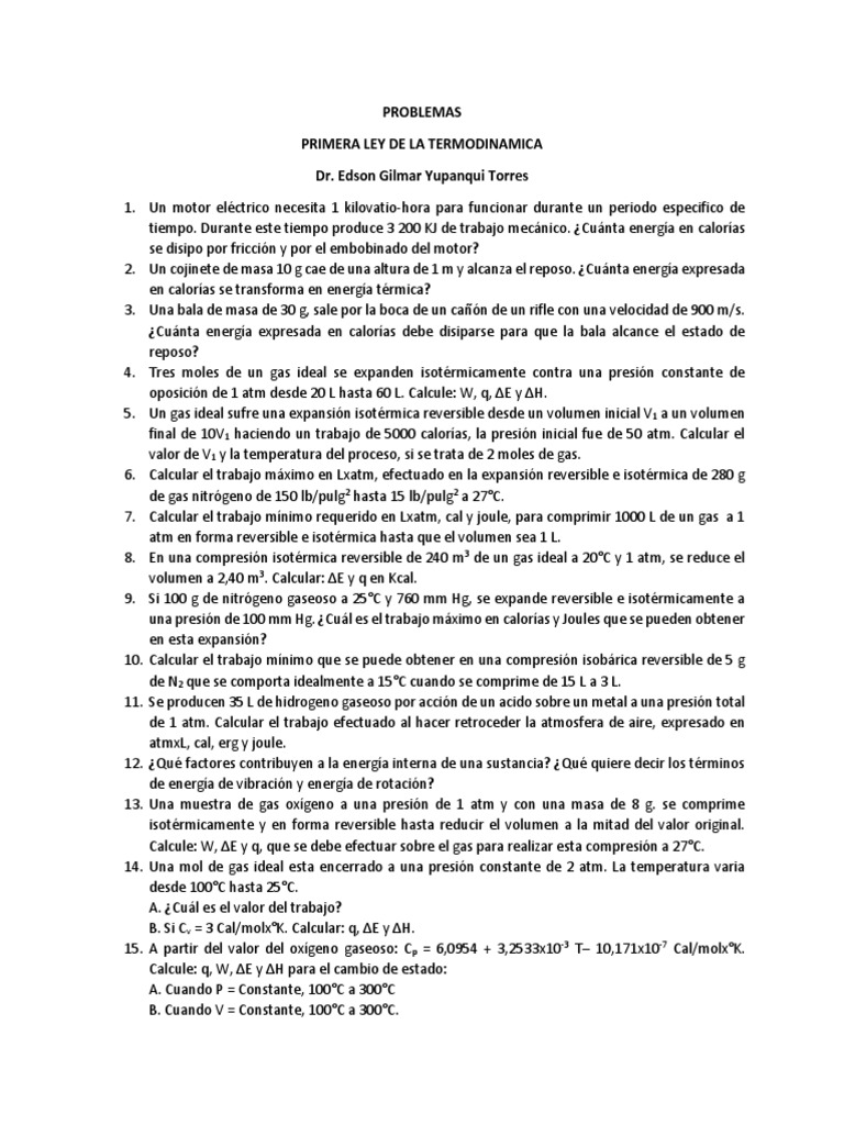 Problemas de 1° Ley de La Termodinamica | PDF | Gases | Caloría