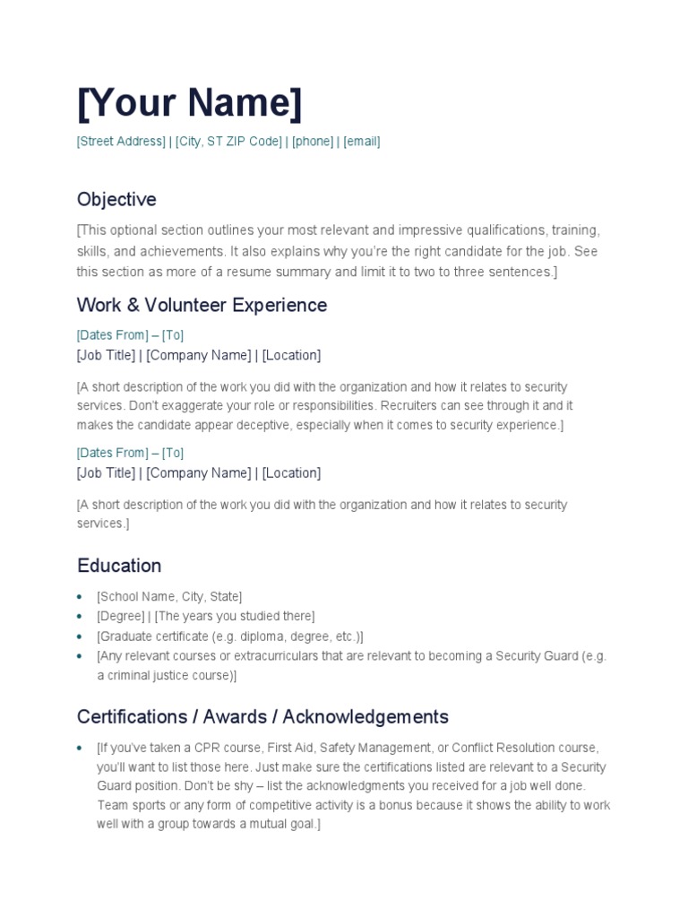 Security Guard Resume Template 2 | PDF Security Guard Resume Template 2 | PDF