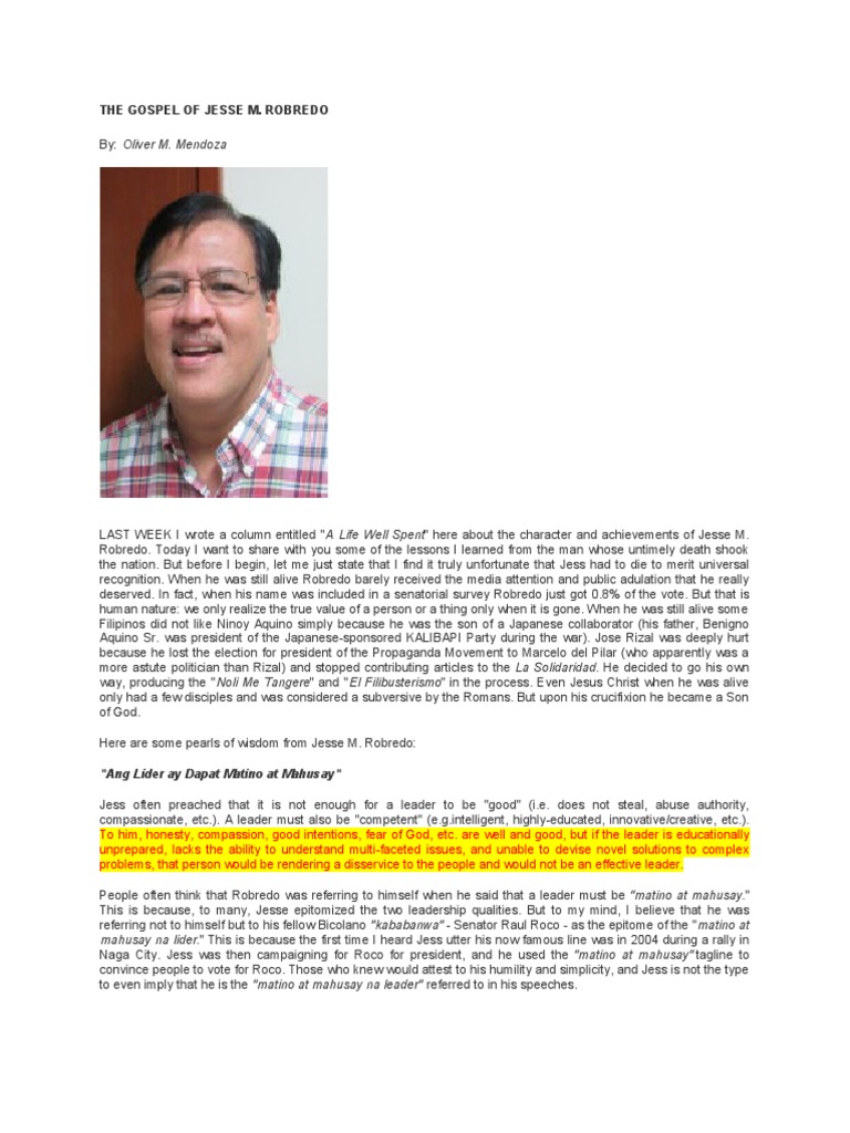 The Gospel of Jesse M. Robredo: "Ang Lider Ay Dapat Matino at Mahusay ...
